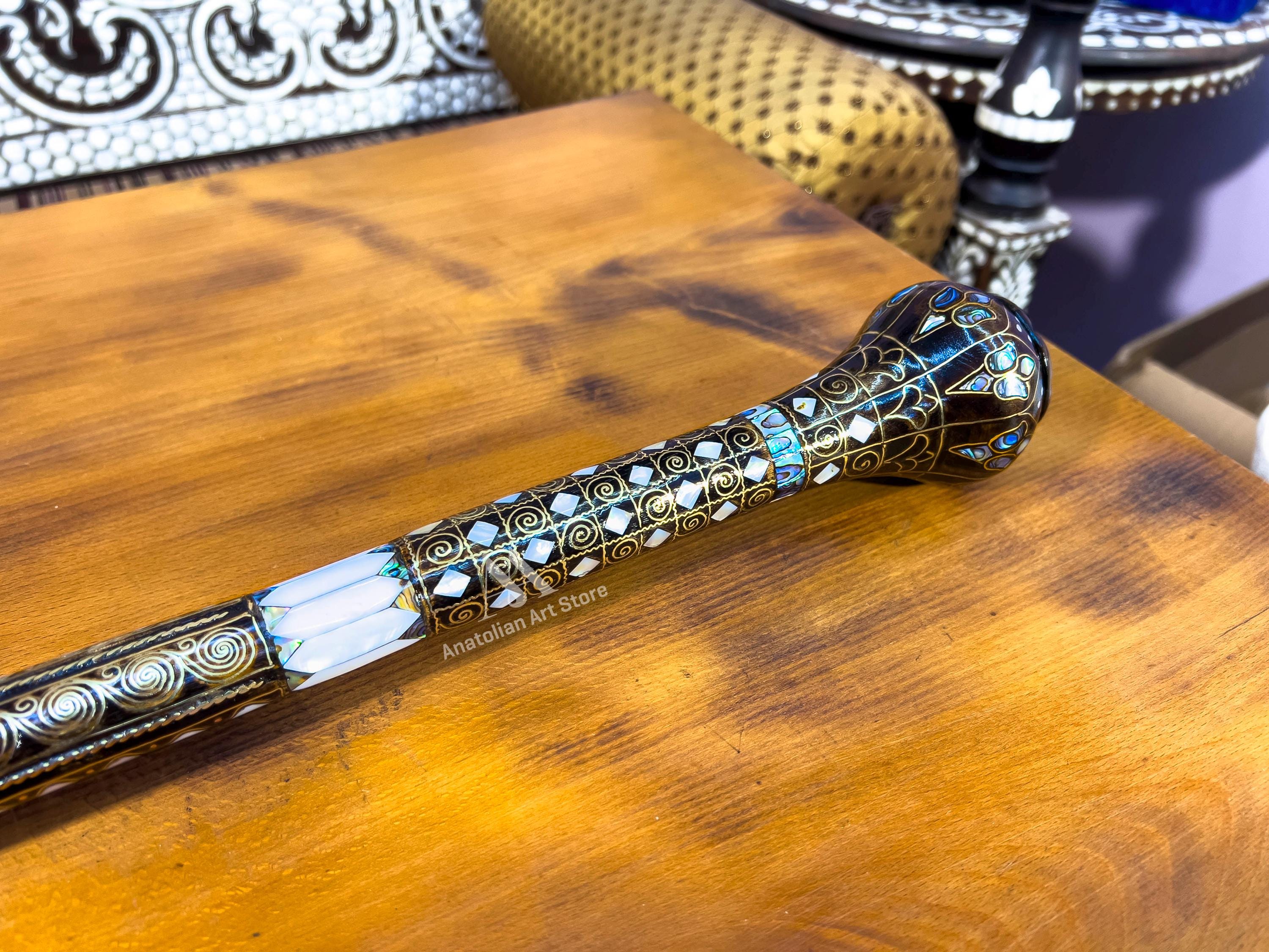 Abalone Mother of Pearl Inlay Walking Cane - Walnut Wood Collectible - Etsy
