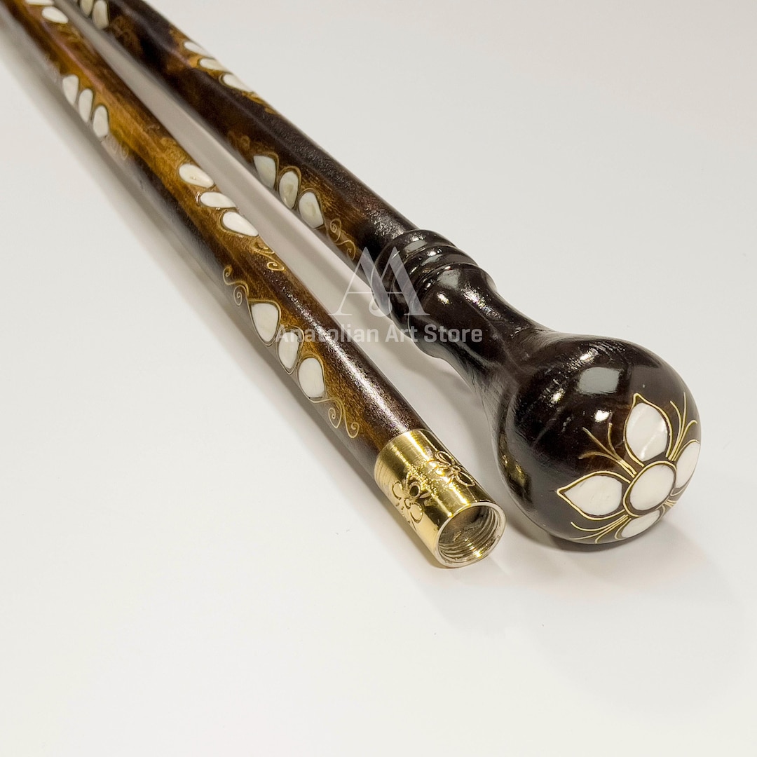 Mother of Pearl Inlay Walnut Wood Walking Cane - 55 Inch Glam Hiking ...