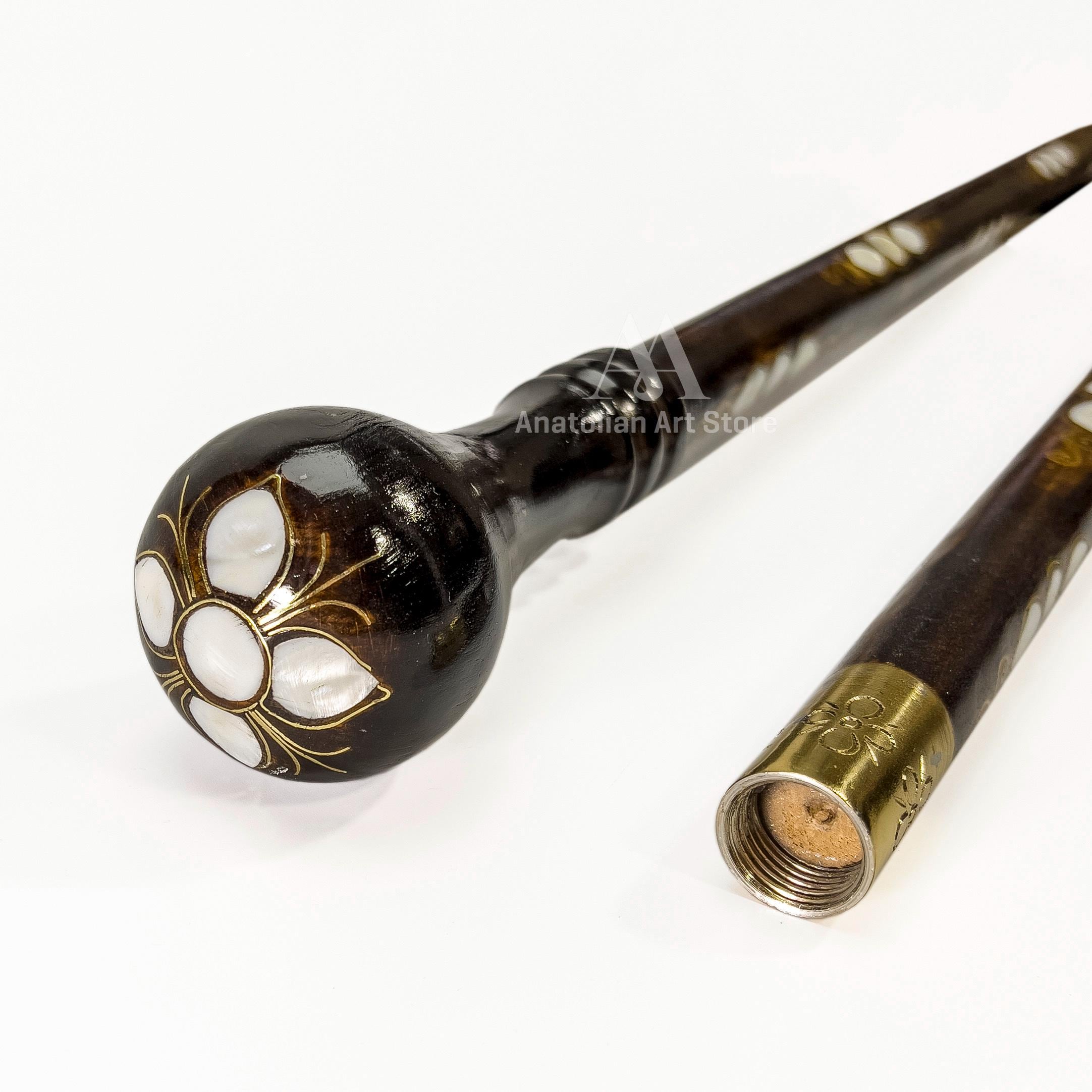 Mother of Pearl Inlay Walnut Wood Walking Cane - 55 Inch Glam Hiking ...