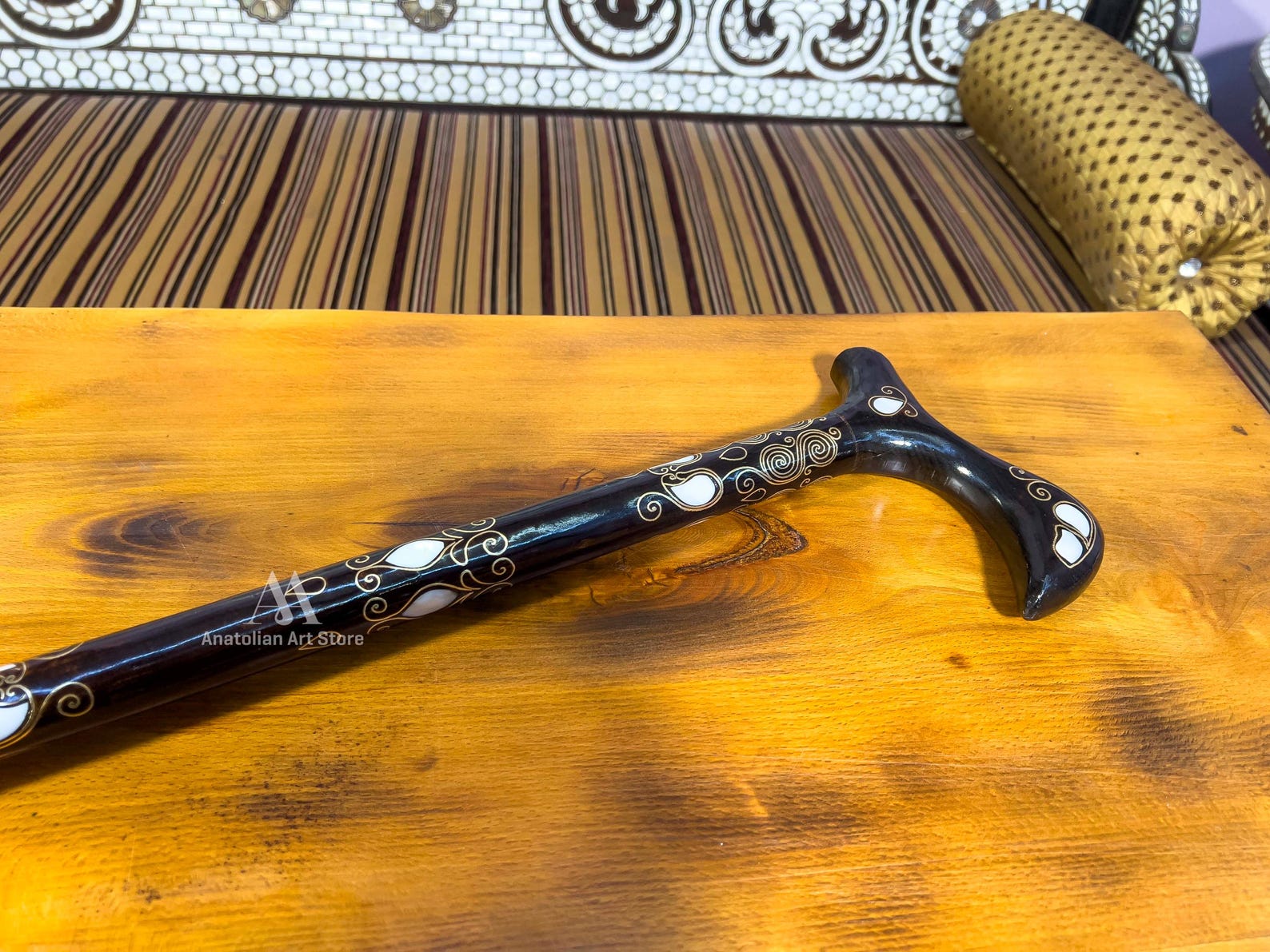 Walnut Wood Walking Stick: Mother of Pearl Inlay, Brass Filigree - Etsy