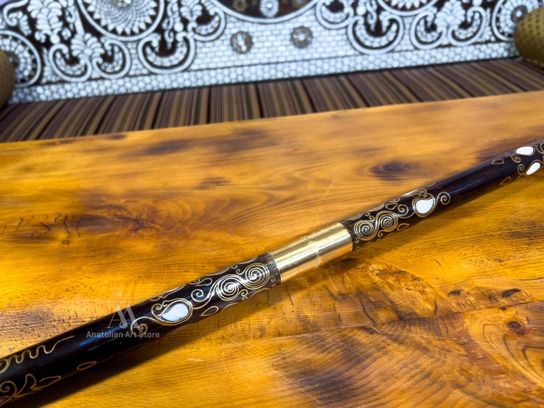 Walnut Wood Walking Stick: Mother of Pearl Inlay, Brass Filigree - Etsy