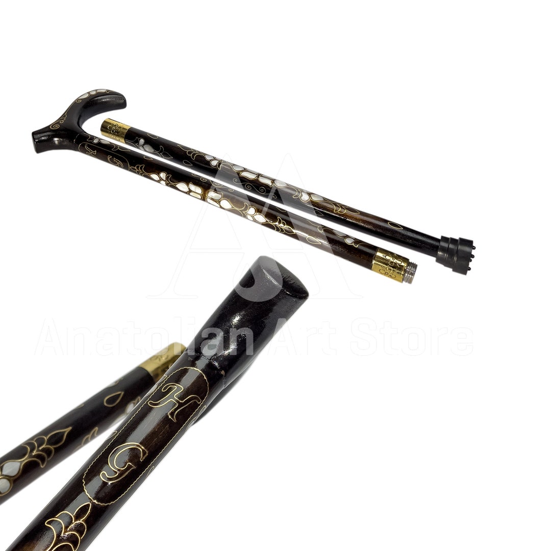 Walnut Wood Walking Stick: Mother of Pearl Inlay, Brass Filigree - Etsy