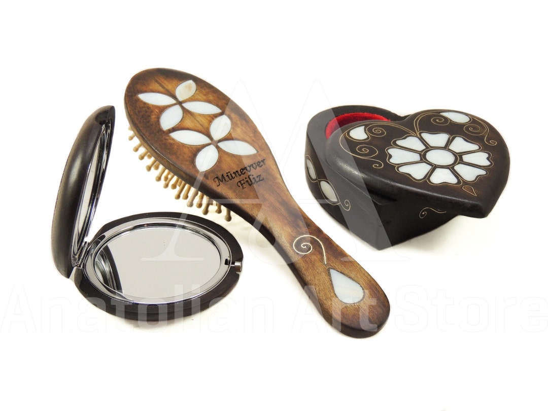 Mother of Pearl Inlay Wooden Makeup Set: Hand Mirror, Comb & Jewelry ...