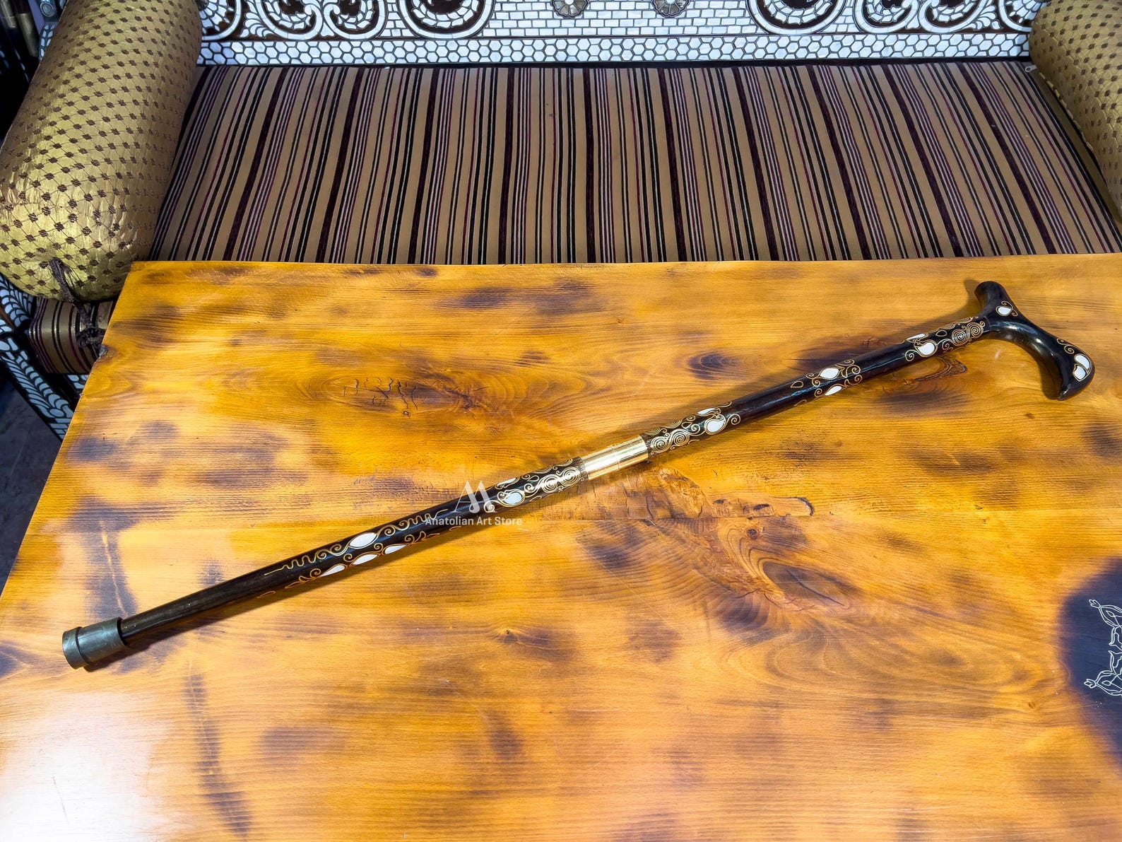 Walnut Wood Walking Stick: Mother of Pearl Inlay, Brass Filigree - Etsy