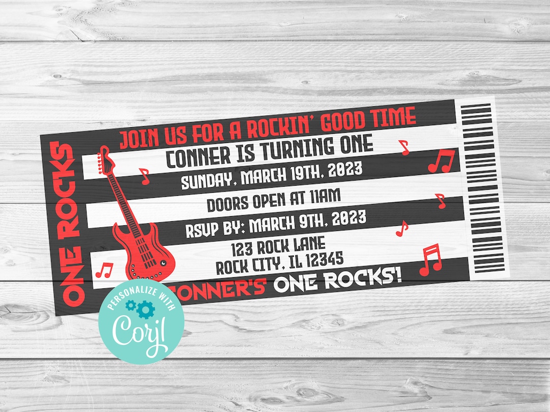 Rock Ticket Birthday Invite, One Rocks Invite, Birthday Invite, Digital ...