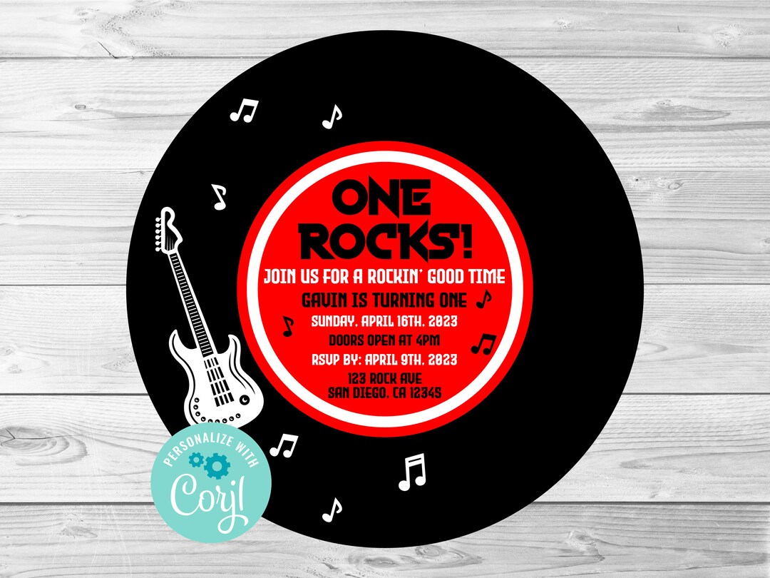 Rock Record Birthday Invite, One Rocks Invite, Birthday Invite, Digital ...