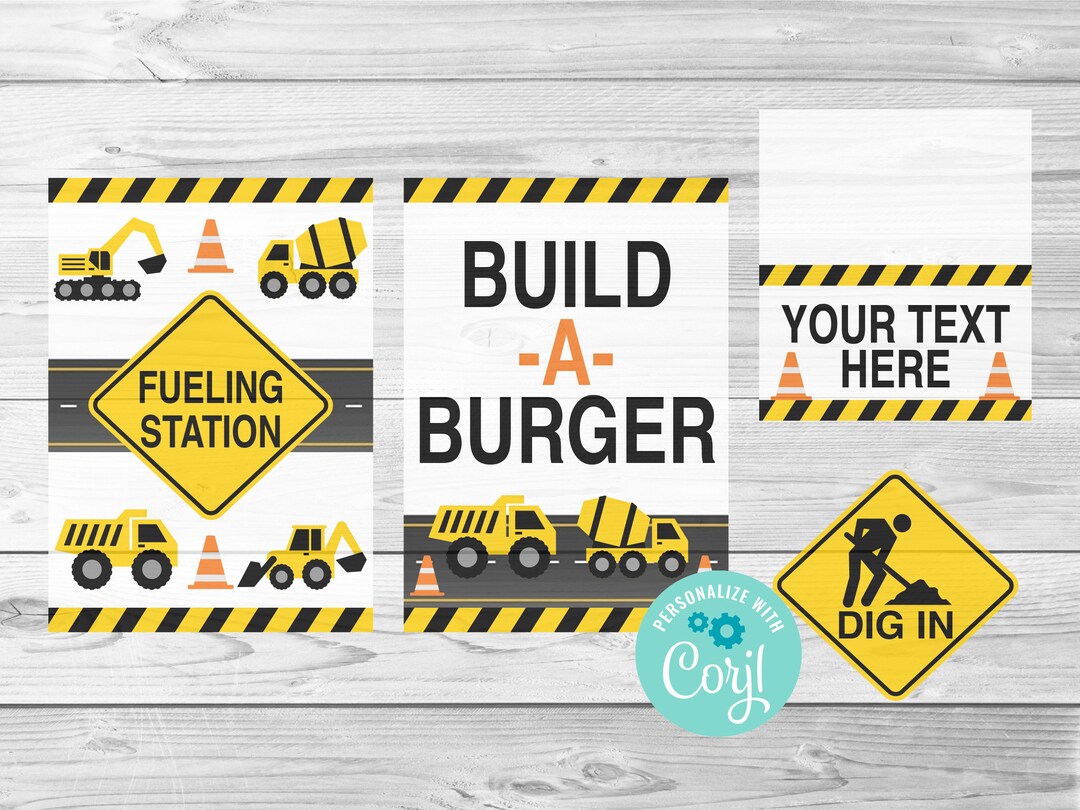 Construction Place Cards, Food Labels, Construction, Editable Digital ...