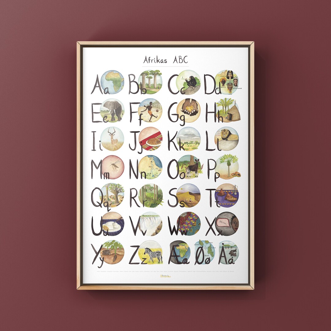 ABC of Africa in DANISH | Size A3 Alphabet Poster | African Watercolour ...