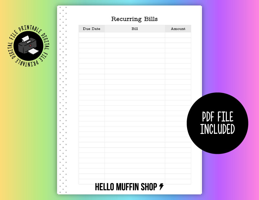 Recurring Bills Tracker Printable Insert Financial Happy - Etsy
