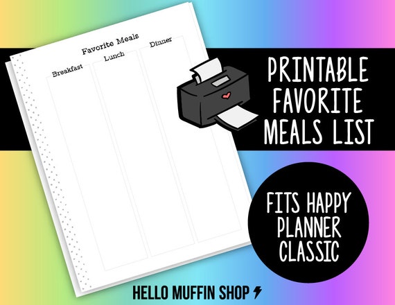 Favorite Meals List Printable Insert Weekly Meal Prep | Etsy