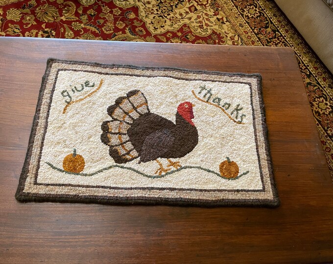 American Folk Art Wool Hooked Rug 1621 Gobbler A Thanksgiving Turkey ...