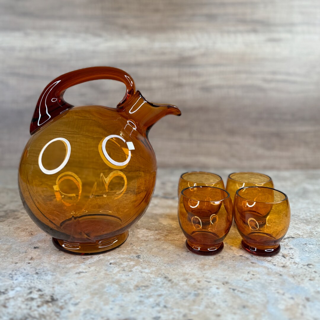 Cambridge Glass Amber Ball Pitcher Decanter Set With 4 Matching Shot ...