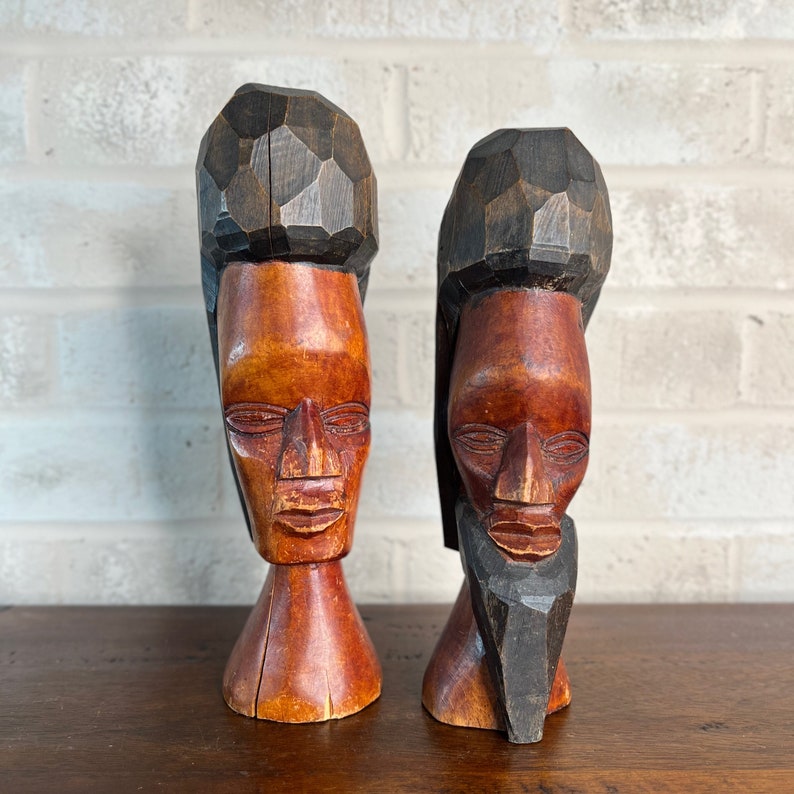 Rare 1970s Carvings: Vintage Wooden Man and Woman Head Statues - Etsy