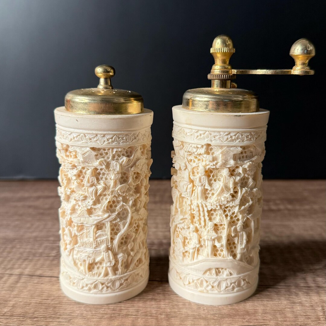 Faux Ivory Salt Shaker and Pepper Grinder Set - Beautiful Carved Resin ...