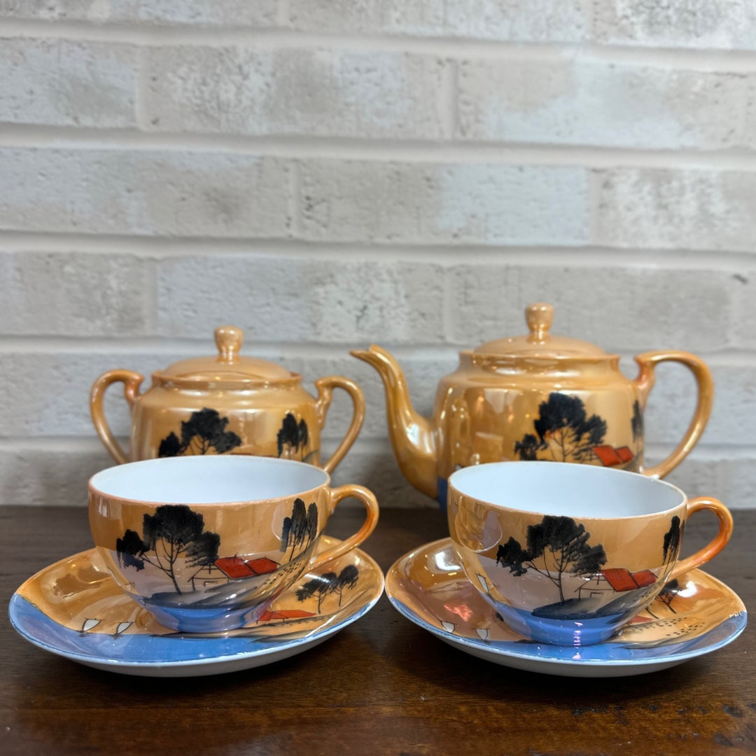 Vintage 1930s Lusterware Orange and Blue Tea Set With Hand-painted ...