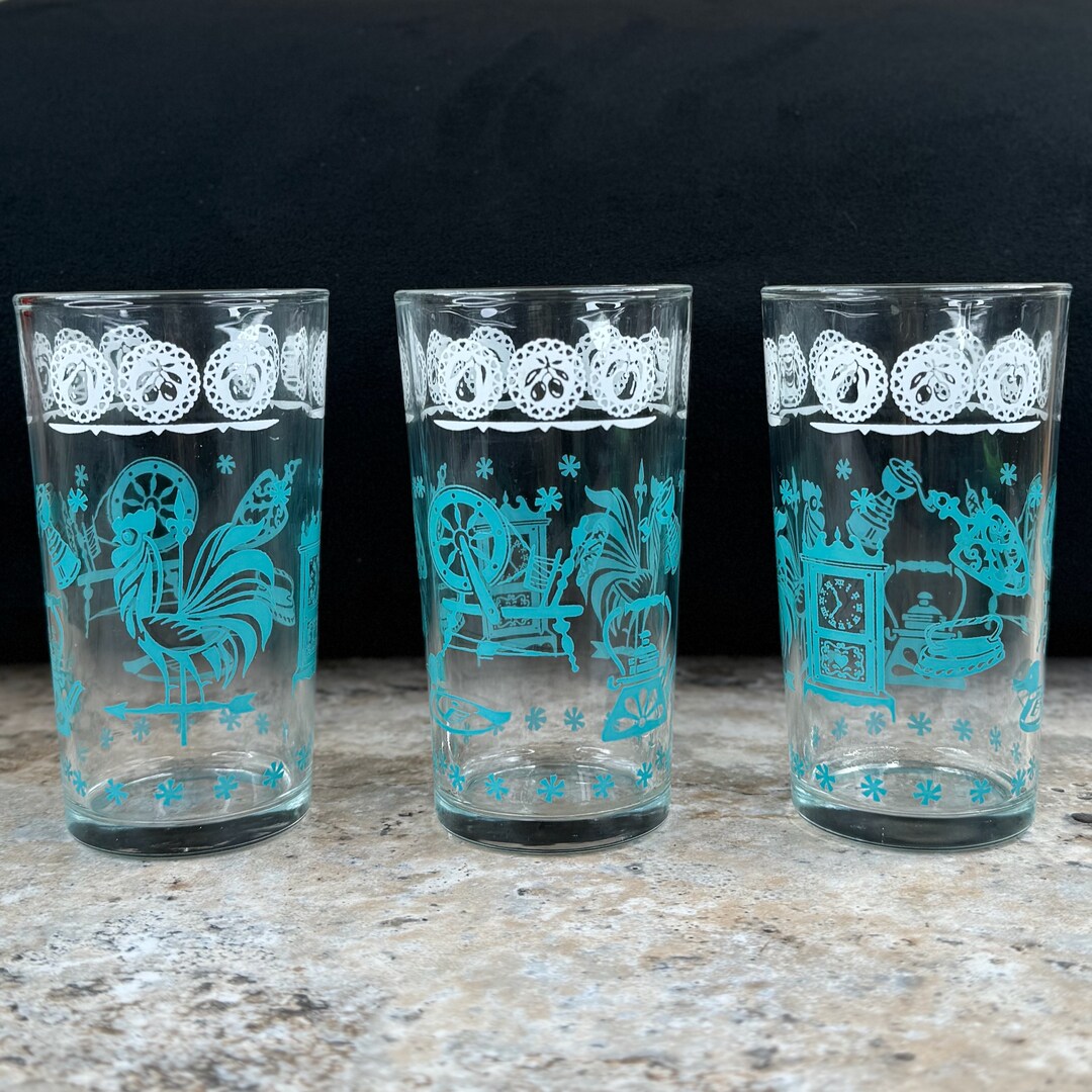 Vintage Hazel Atlas Glasses, Teal & White Design Rooster, Spinning ...
