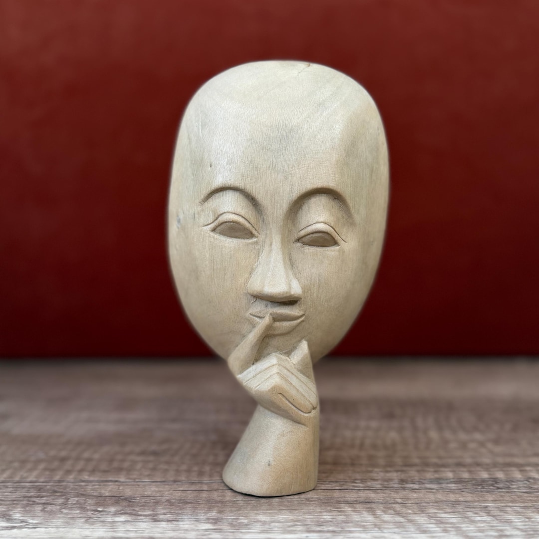 Hand Carved Wooden Shushing Face Design Statue Sculpture Unique Art for ...