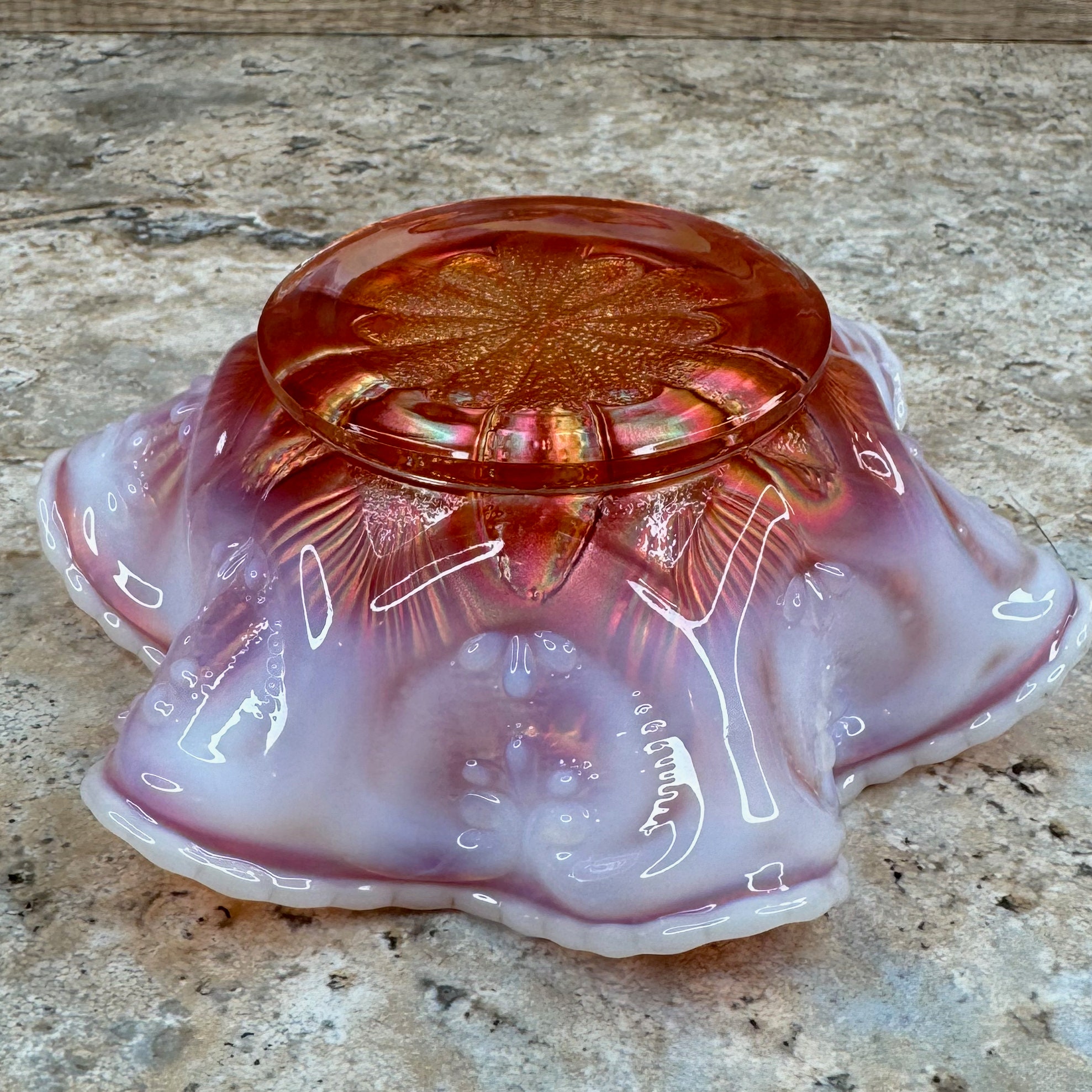 Dugan Petal and Fan Carnival Glass Bowl With Opalescent Jeweled Heart ...