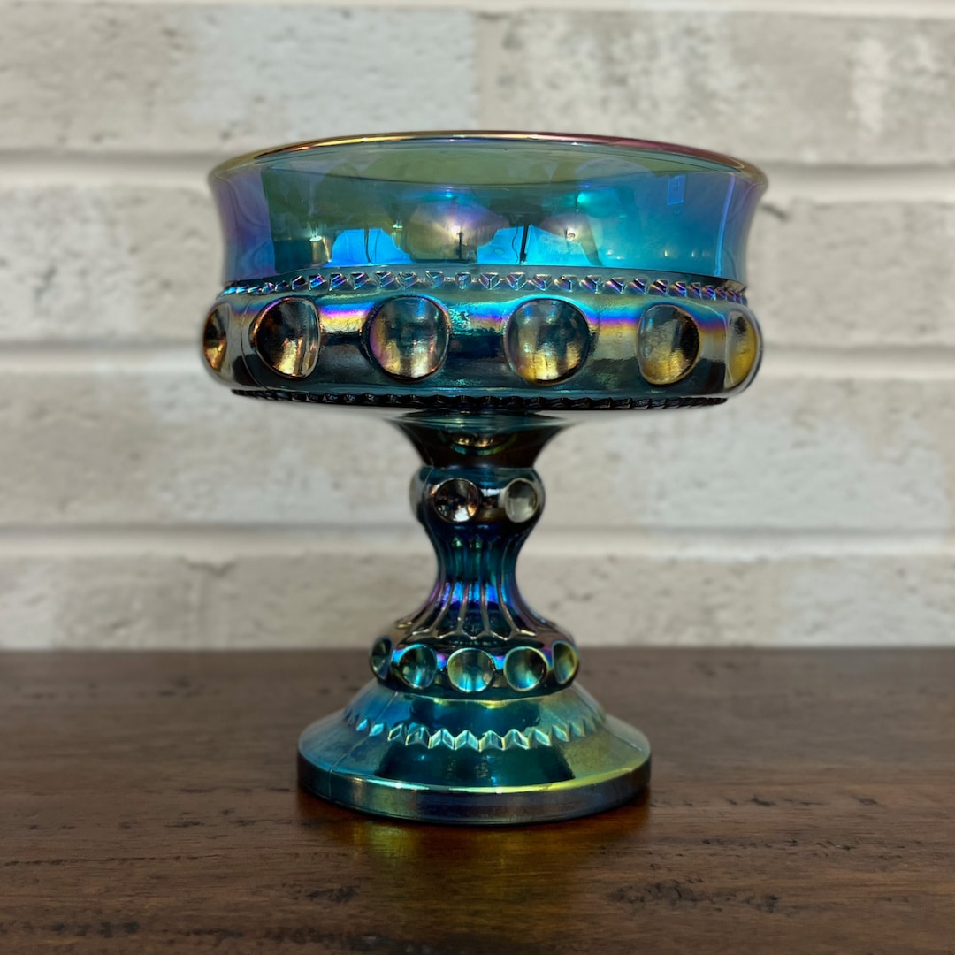 Vintage Indiana Glass Kings Crown Blue Carnival Glass Compote Bowl ...