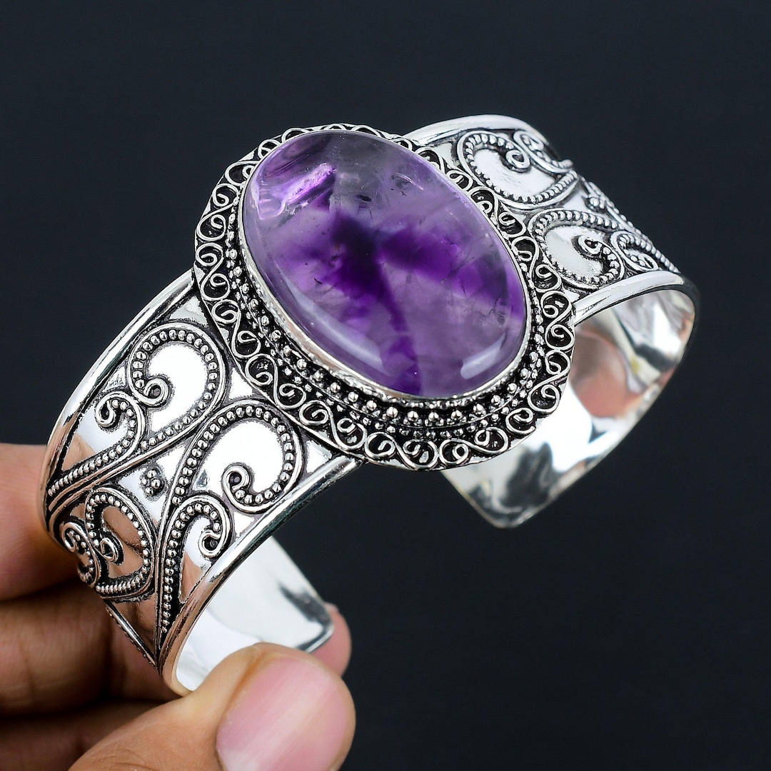 Sage Amethyst Gemstone Bangle-925 Sterling Silver Bangle-handmade Bangle-open Cuff Bangle ...