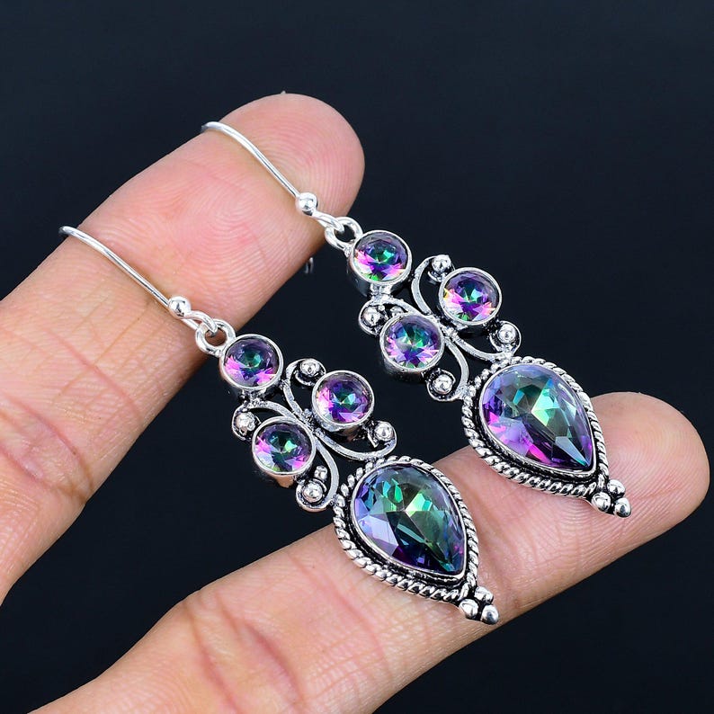 Handmade Mystic Topaz Gemstone Earrings: 925 Sterling Silver Dangle ...