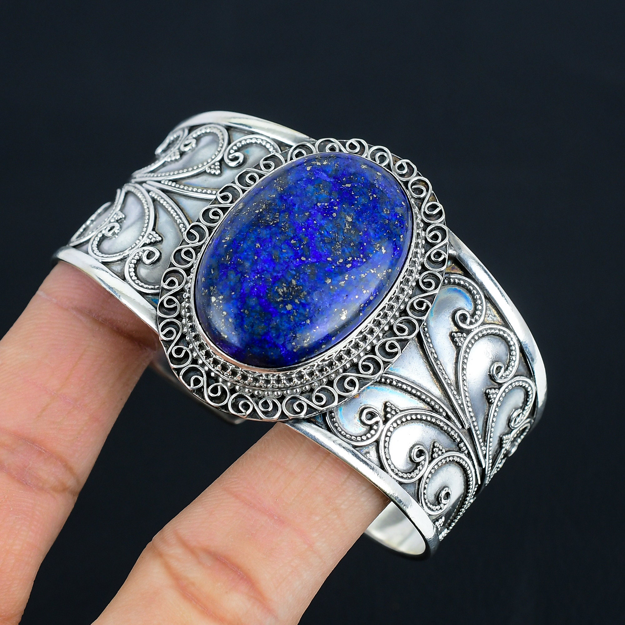 Lapis Lazuli Gemstone Cuff Bangle - 925 Sterling Silver, Adjustable - Etsy