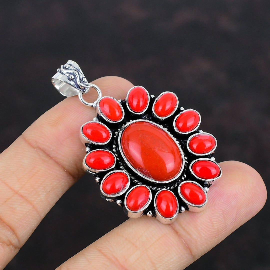 Italian Red Coral Pendant: Handmade 925 Sterling Silver Gemstone ...