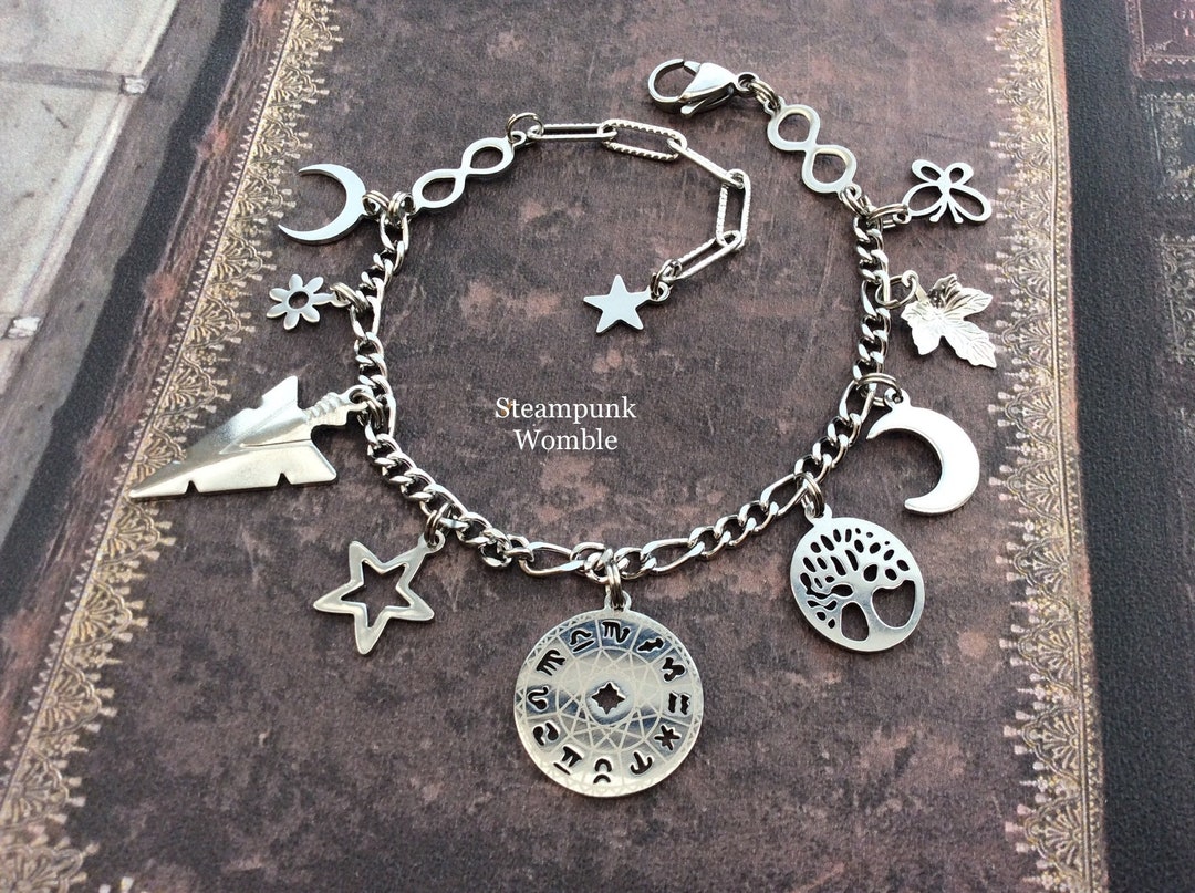 Witch Charm Bracelet, Wiccan Jewelry, Stainless Steel, Gothic ...