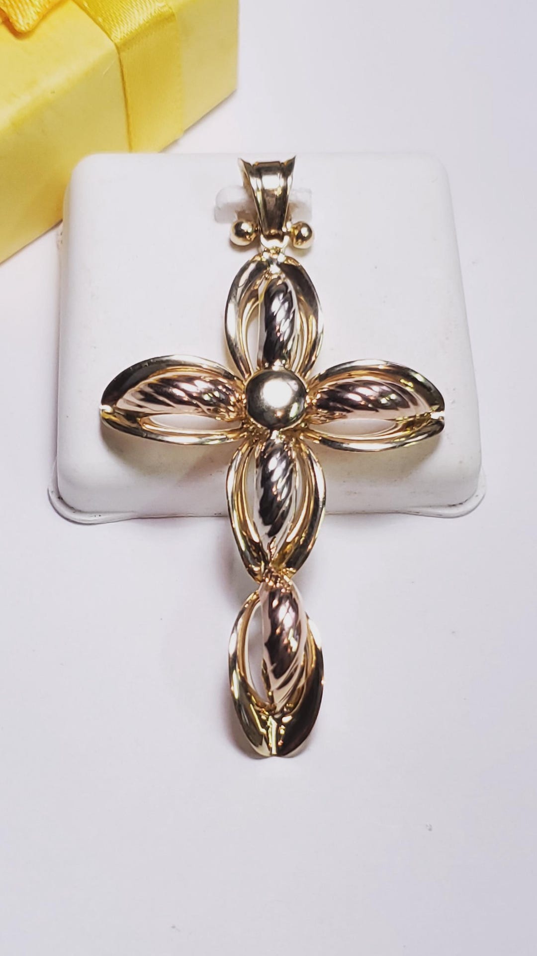Estate 2 1/8" Open Shrimp Ribbon Style 14kt Tri-color Cross 3.1g ...