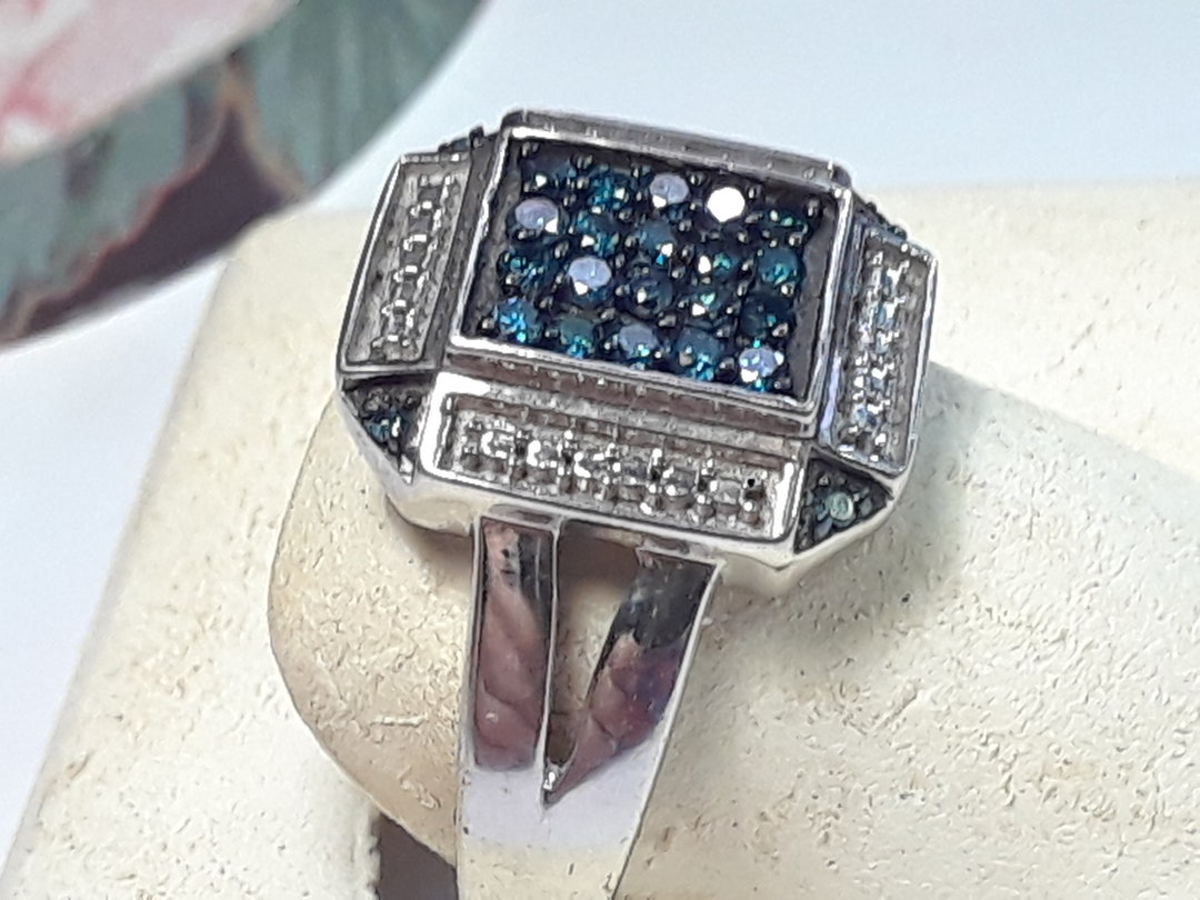 Estate .29ctw Real Blue Diamond Retangal Modern Gnts/lds Sterling ...