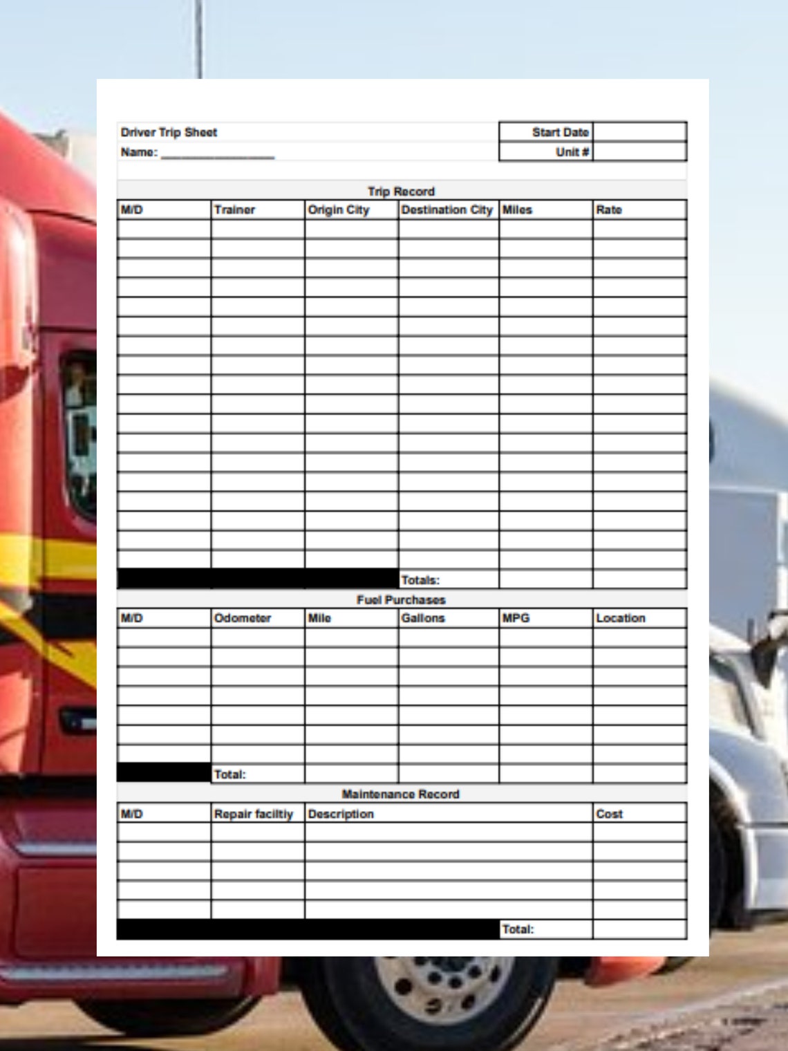 Truck Driver Trip Sheet, USA Trucker Trip Sheet, Transportation Trip ...
