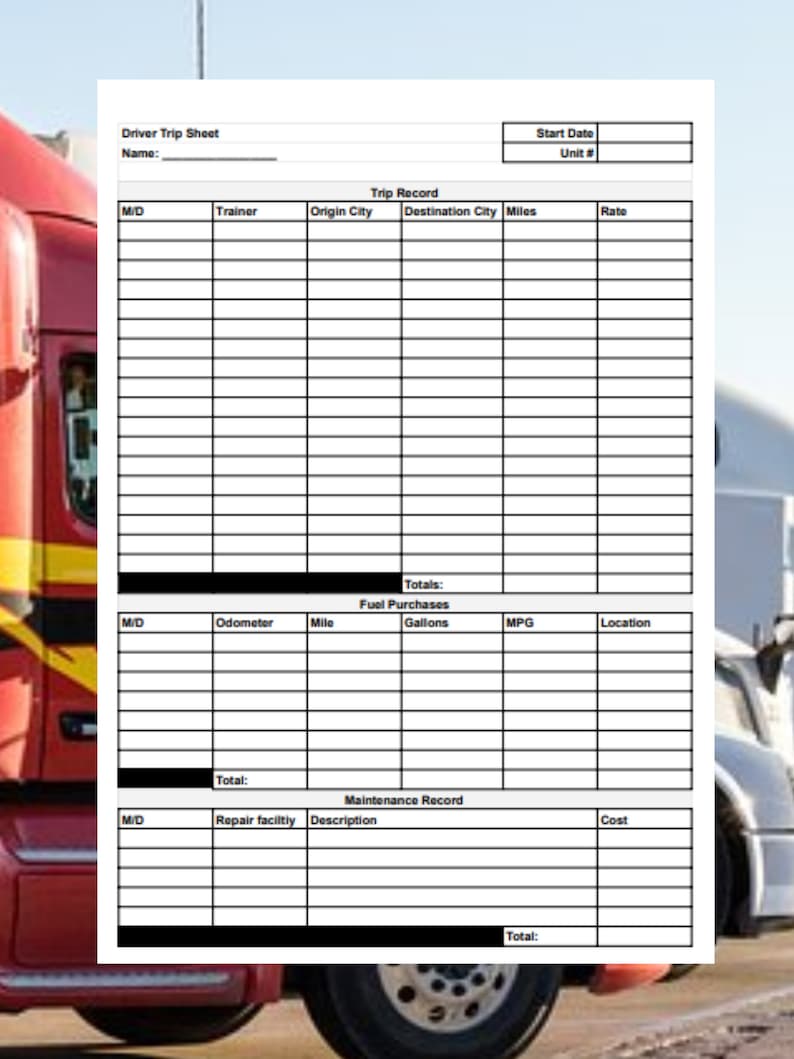 Truck Driver Trip Sheet, USA Trucker Trip Sheet, Transportation Trip ...