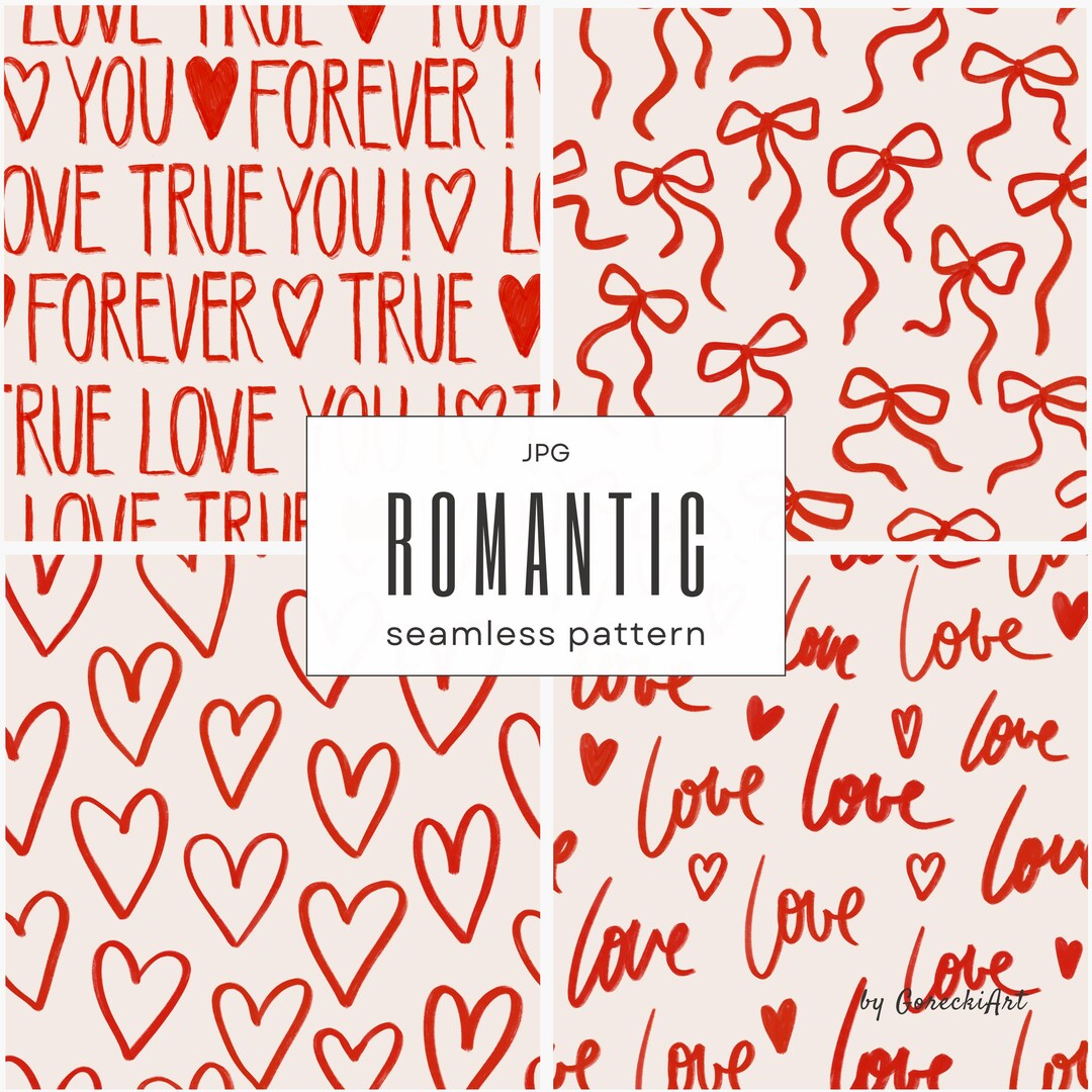 Romantic Seamless Pattern Set | Hand Drawn Love Hearts & Bows ...