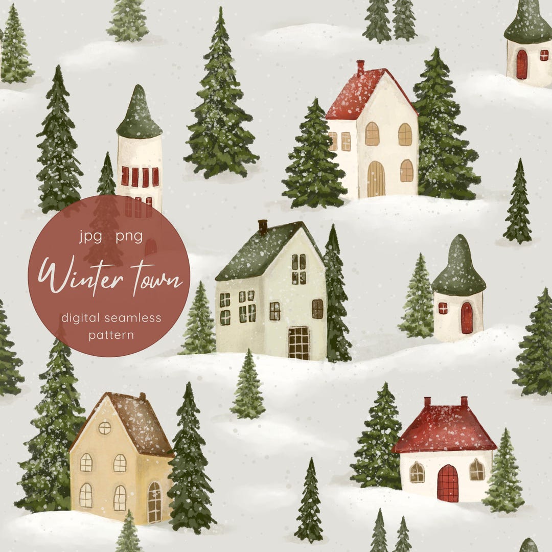 Cozy Christmas Town Seamless Background: Printable Winter Wonderland ...
