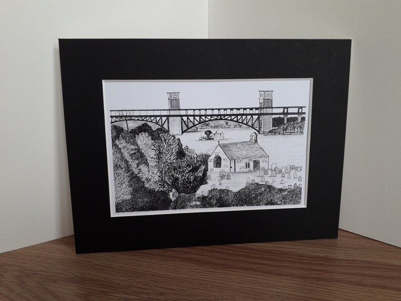 Mounted Print of Pen and Ink Drawing of Menai, Anglesey - Etsy