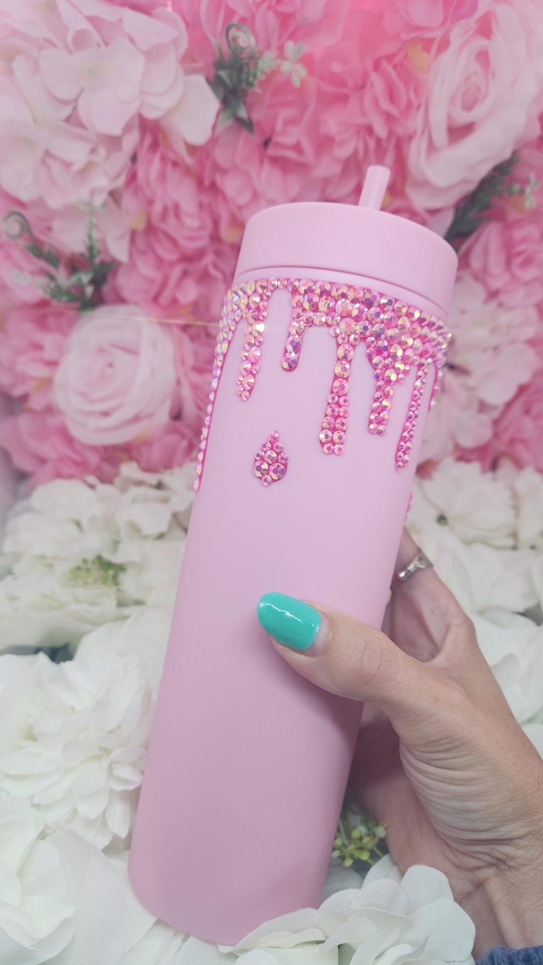 Bejeweled Drip Effect, Pink Double Walled, Reuseable Matte 16oz Tumbler With Lid and Straw ...