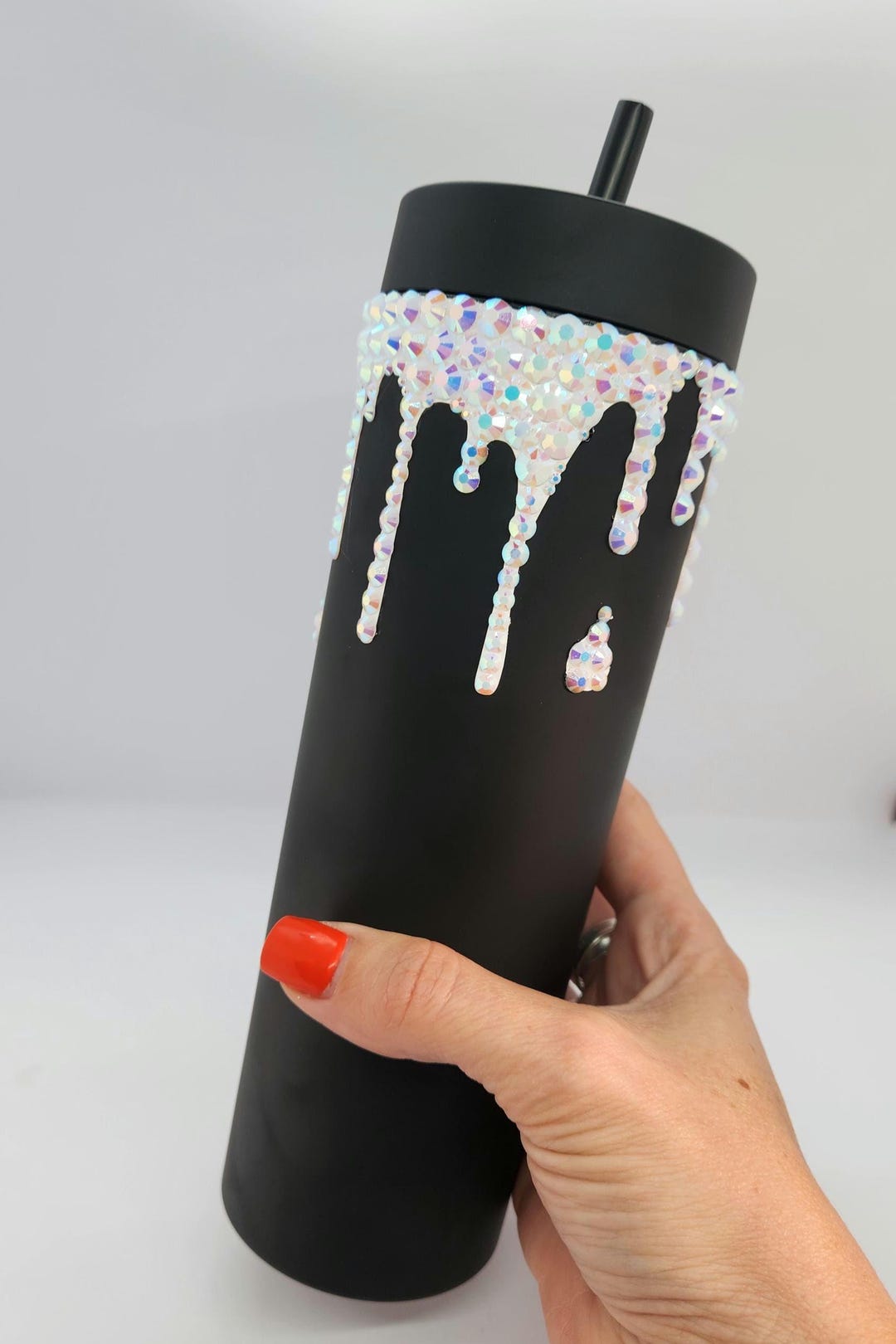 Bejeweled Drip Effect, Black & White Double Walled, Matte 16oz Tumbler With Lid and Straw ...