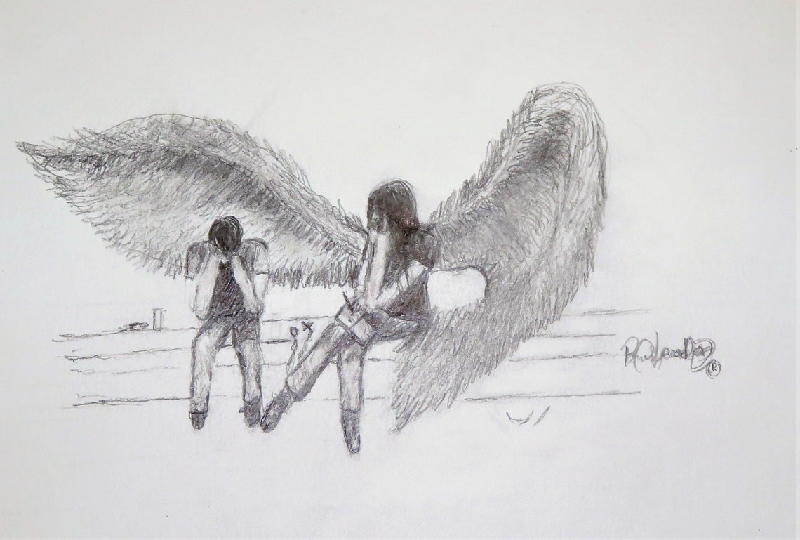 Angel of Comfort matted Print from my original pen and ink | Etsy