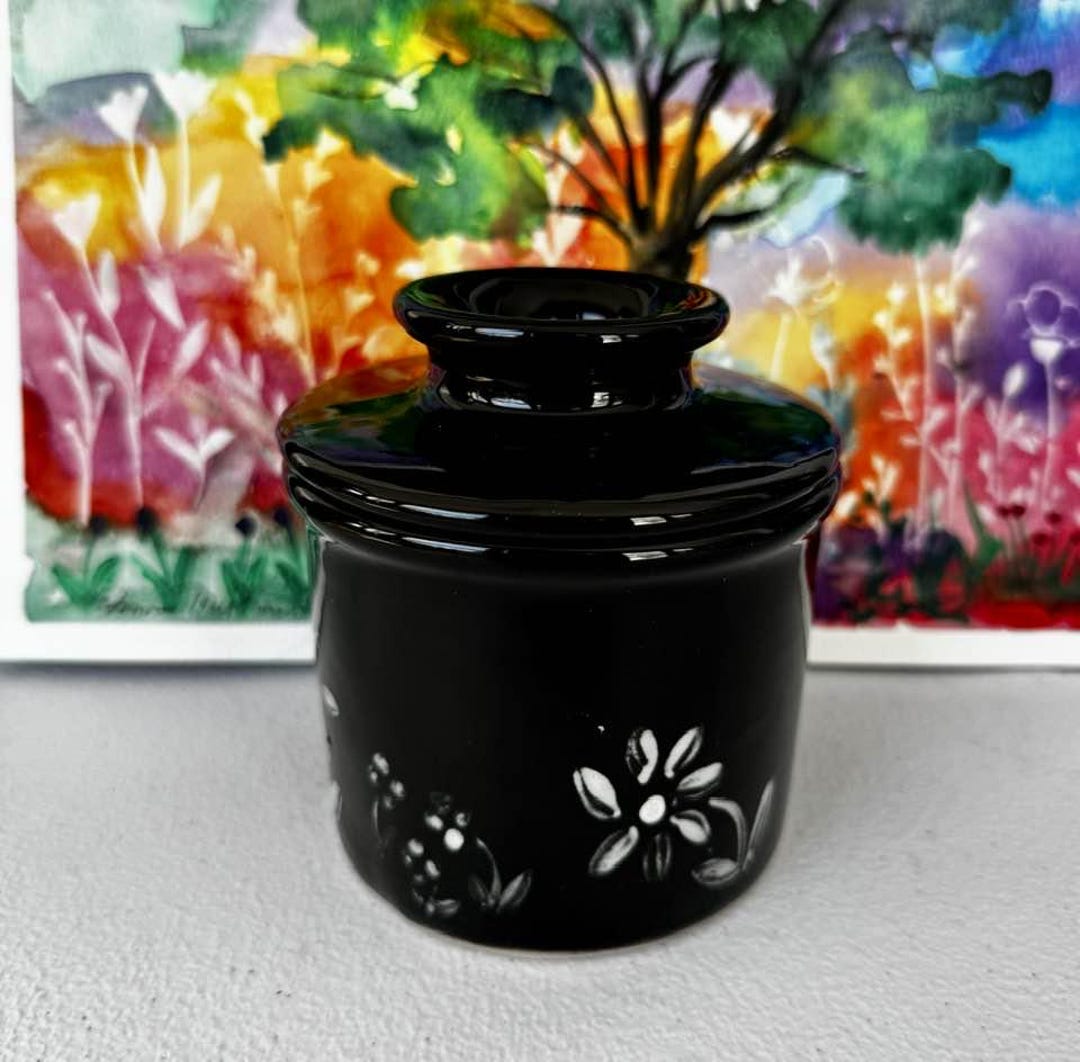 Ebony Black With White Flowers French Butter Crock, Butter Dish, Hand ...