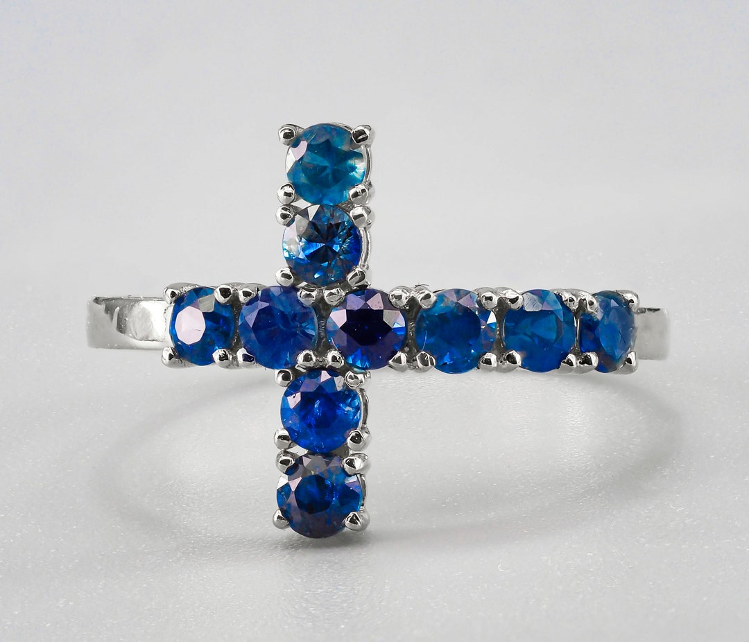 Blue Sapphire Cross Ring Band/ Sapphire 14k Gold Ring/ September ...
