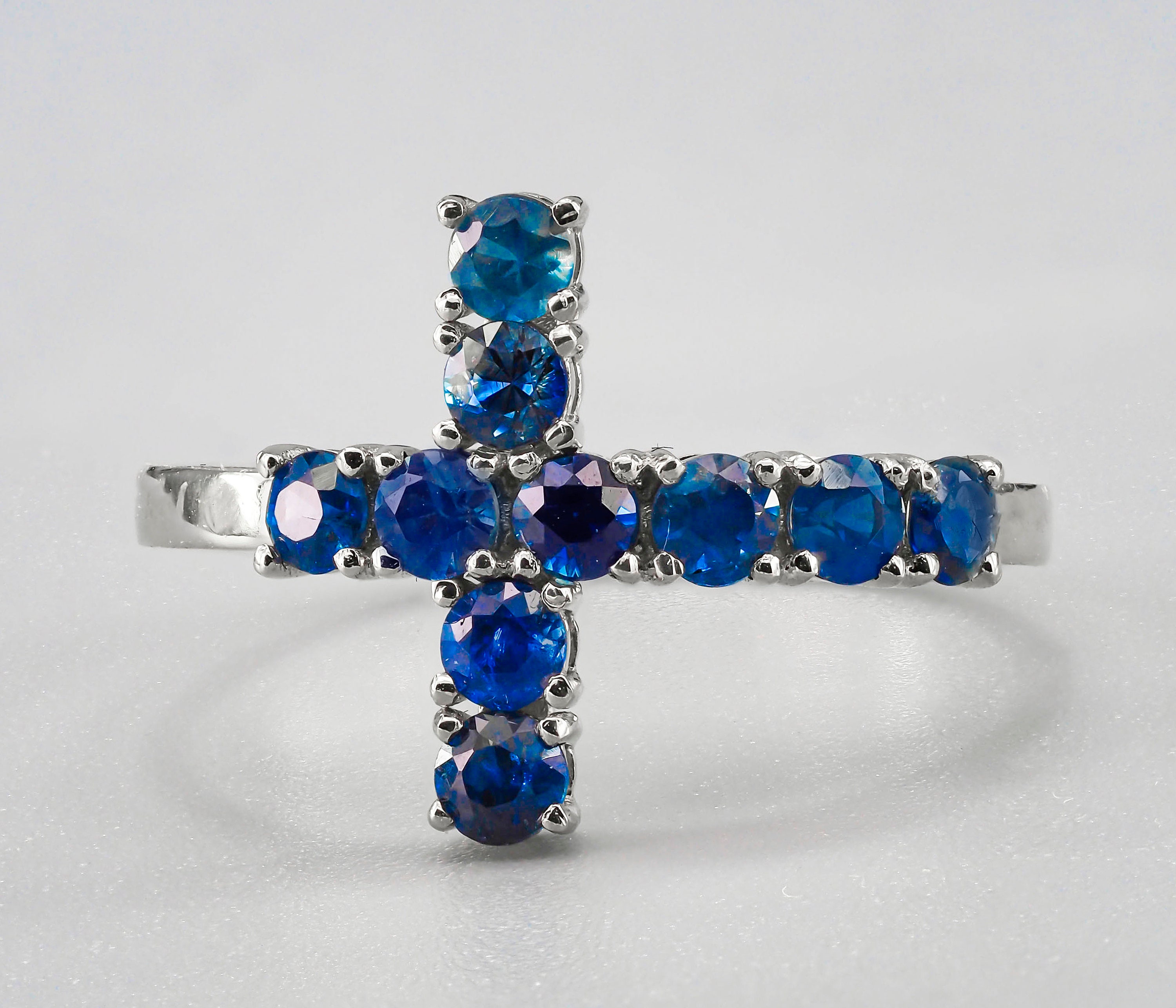 Blue Sapphire Cross Ring Band/ Sapphire 14k Gold Ring/ September ...