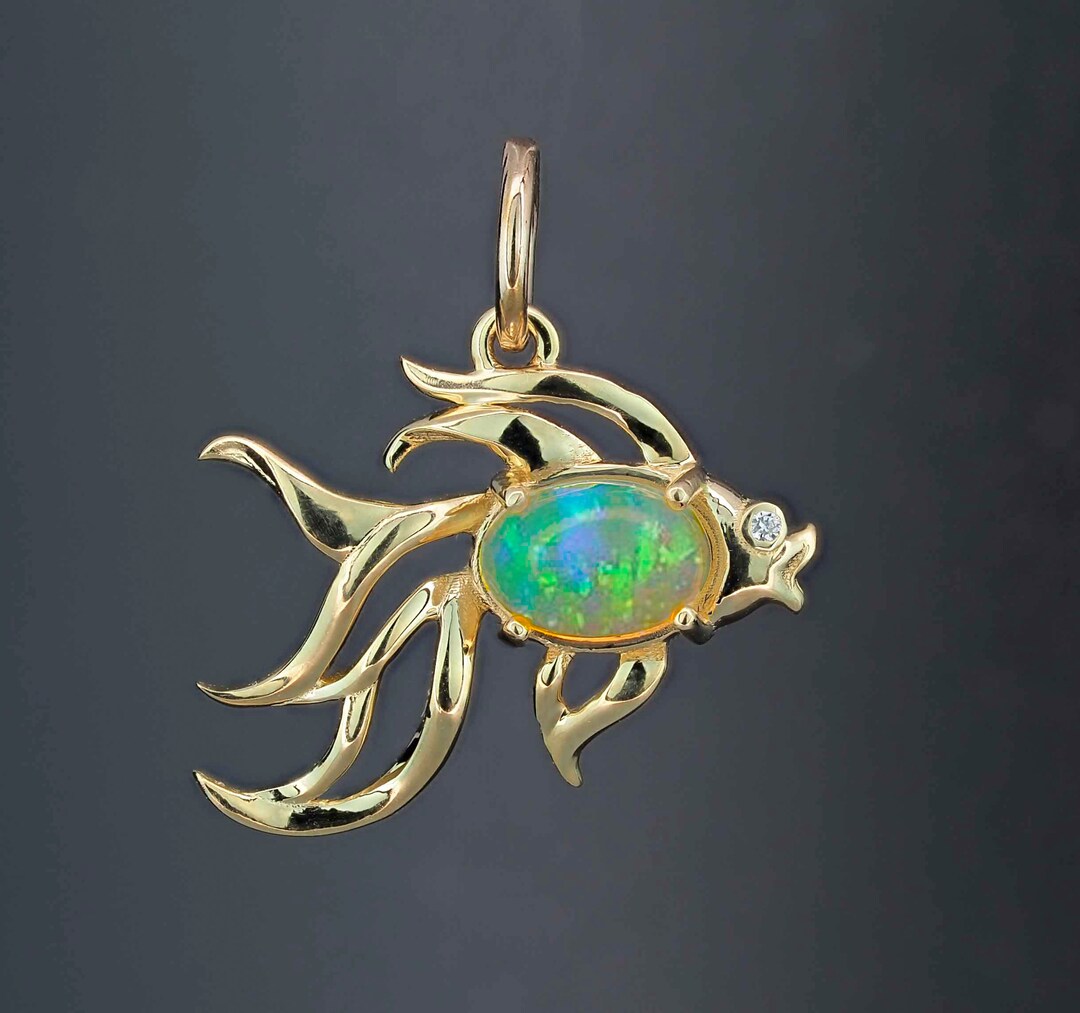 Opal Fish Pendant in 14k Gold. Fire Multicolor Ethiopian Opal Gemstone ...