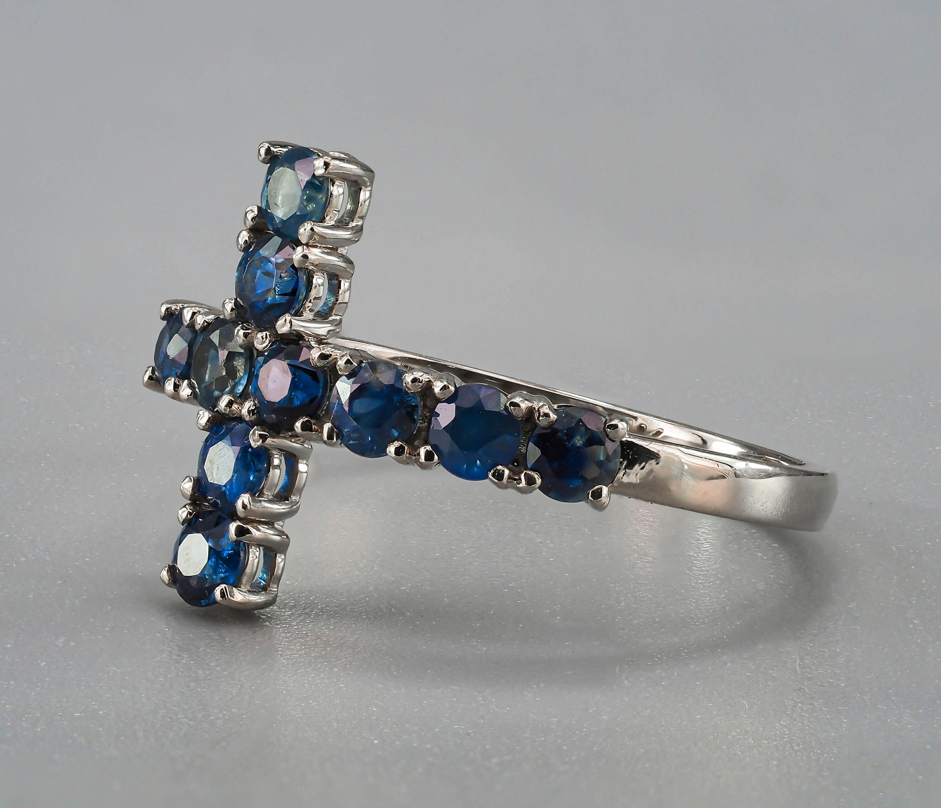 Blue Sapphire Cross Ring Band/ Sapphire 14k Gold Ring/ September ...