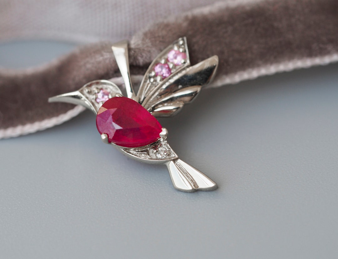 Hummingbird Pendant With Ruby/ Pear Ruby 14k Gold Pendant/ July ...