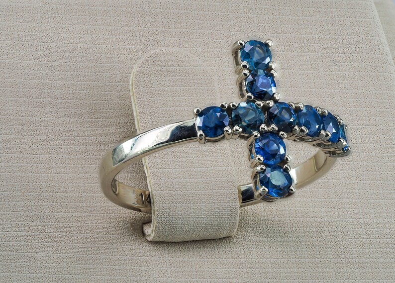 Blue Sapphire Cross Ring Band/ Sapphire 14k Gold Ring/ September ...