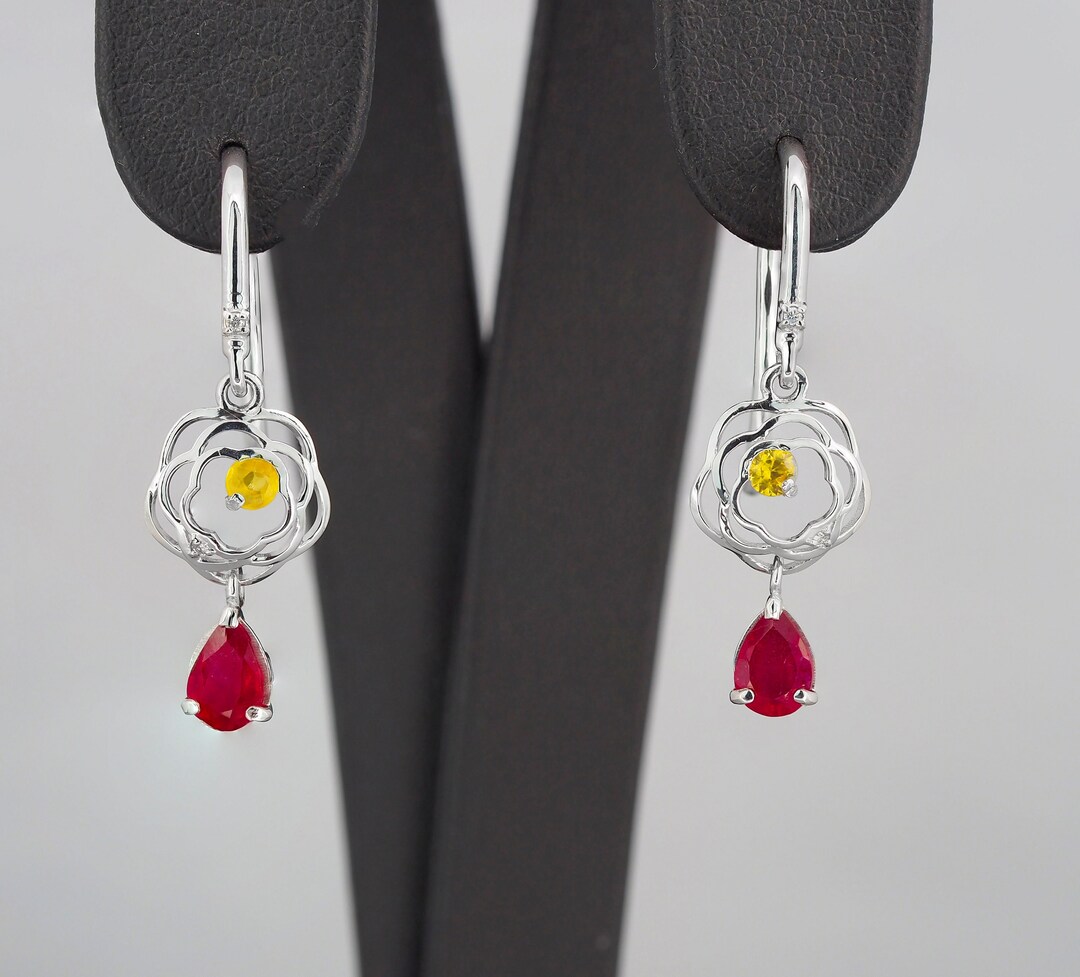 Pear Ruby Drop Earrings in 14k Gold/ Natural Ruby Earrings/ Real Ruby ...