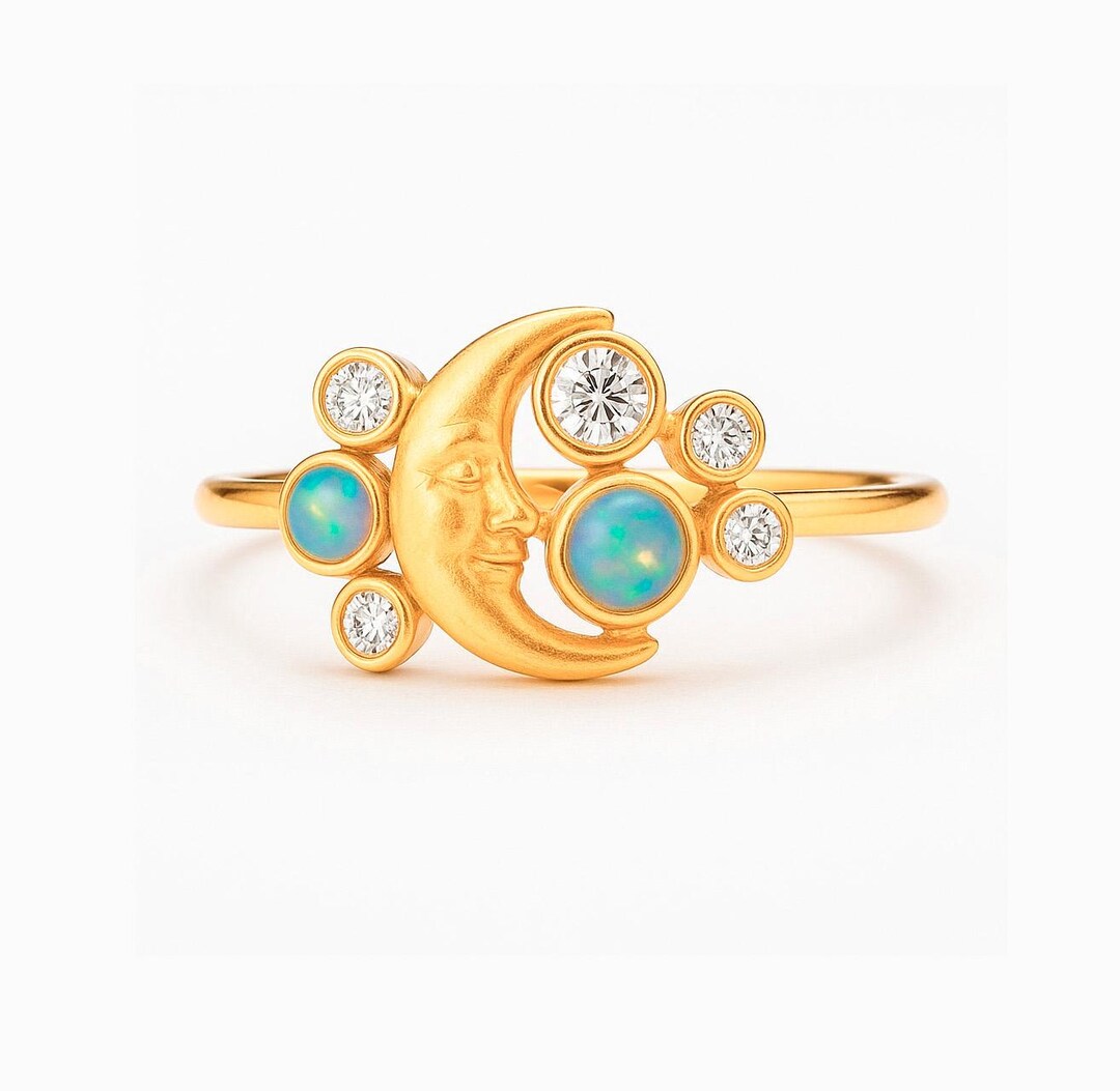 Crescent Moon and Opal Ring - Etsy