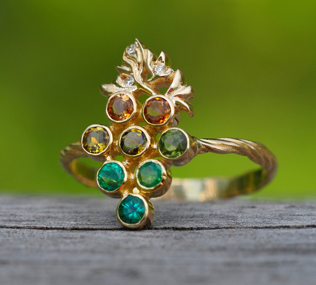Solid 14k Gold Grape Ring With Natural Emeralds and Tourmalines/ May ...