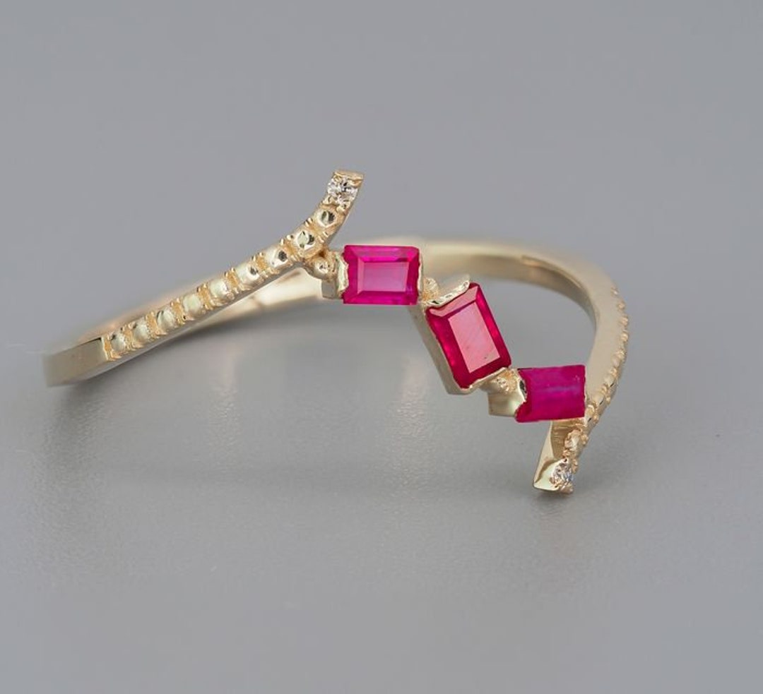 Baguette Ruby Ring/ Genuine Ruby 14k Gold Ring/ 3 Gemstone Ruby Ring/ Minimalist Ruby Ring/ July ...