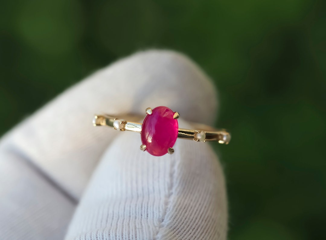 Ruby and Pearls Ring in 14k Gold/ Cabochon Ruby Ring/ Stacking Ring/ Ruby Promise Ring/ July ...
